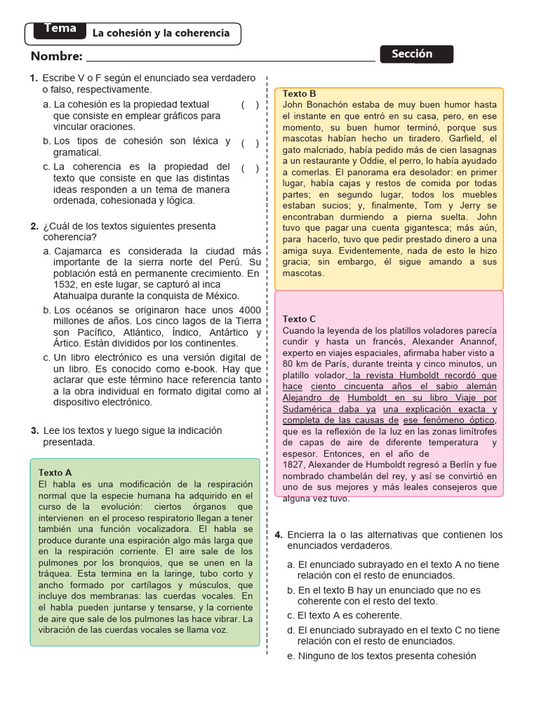 FICHA_LA COHESIÓN Y LA COHERENCIA | PDF | Respiración | Sistema ...