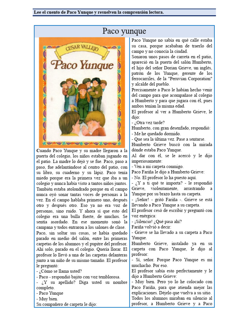 Lee El Cuento de Paco Yunque y Resuelven La Comprensión Lectora | PDF
