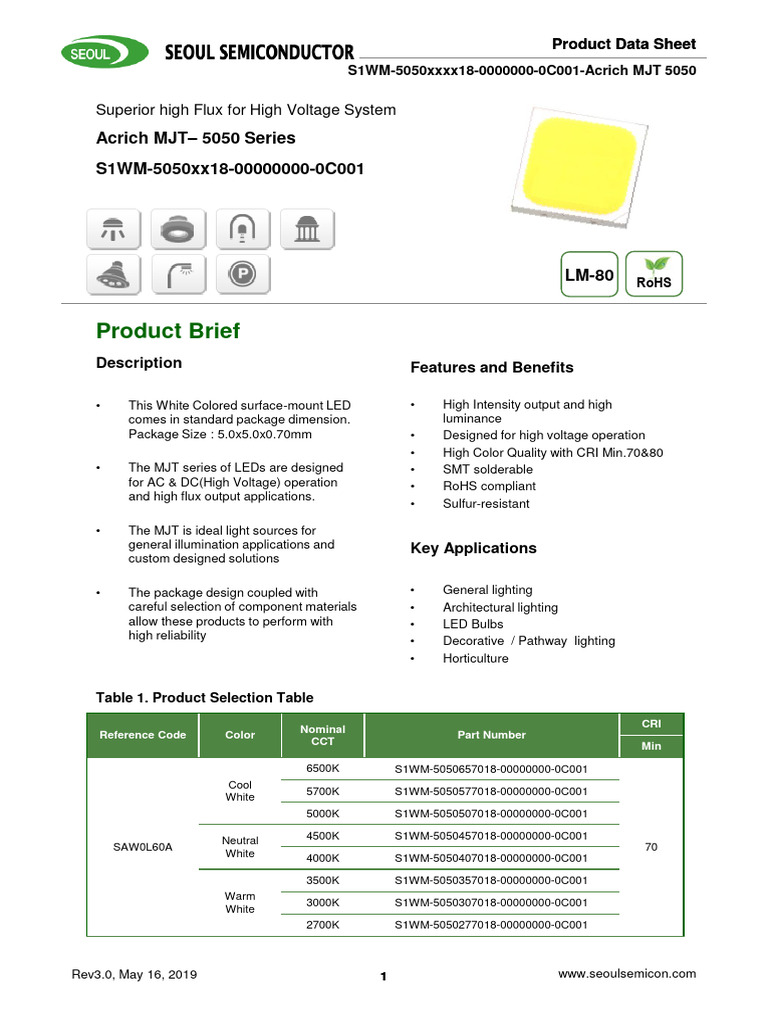 SSC Saw0l60a Led Data Sheet | PDF | Lighting | Light Emitting Diode