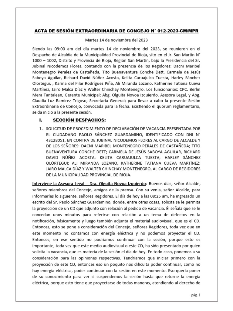 Acta de Sesión Extraordinaria de Concejo #012-2023 | PDF | Alcalde | Caso de ley