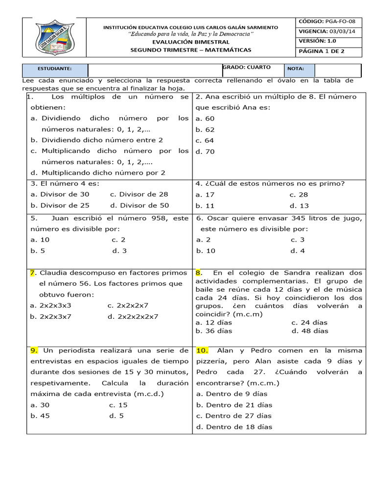 Trimestral de Matemáticas Grado Cuarto | PDF