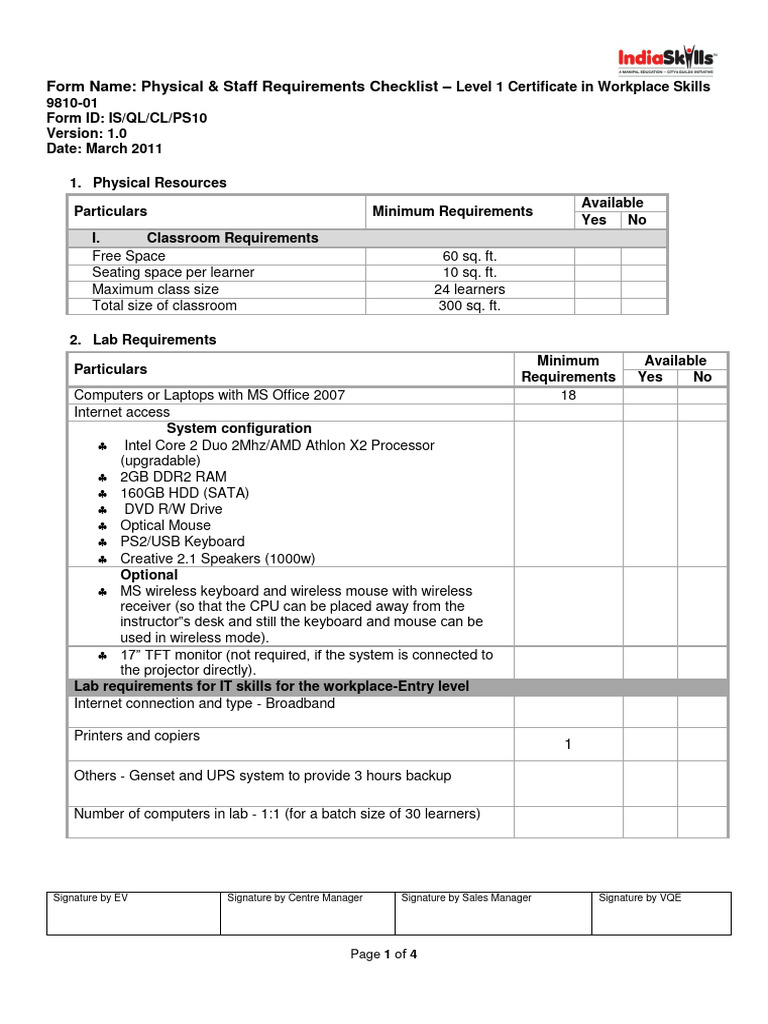 Workplace Skills Checklist for Level 1 | PDF | Academic Degree | Laptop