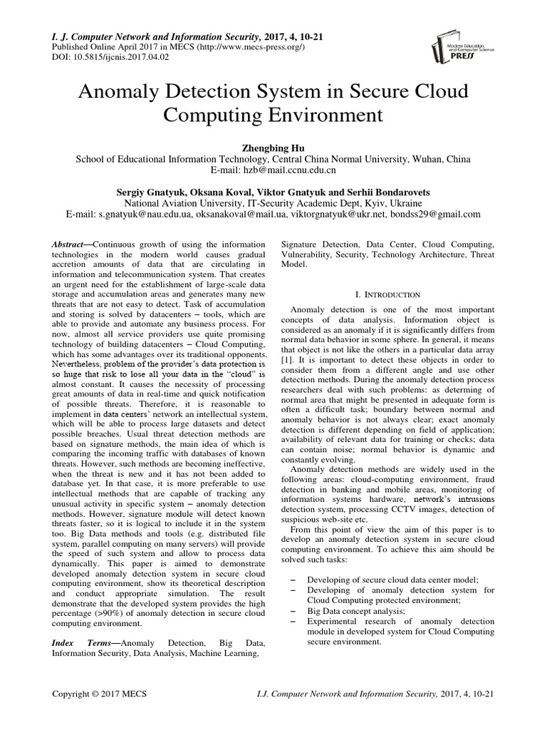 Anomaly Detection System In Se Pdf Cloud Computing Apache Hadoop