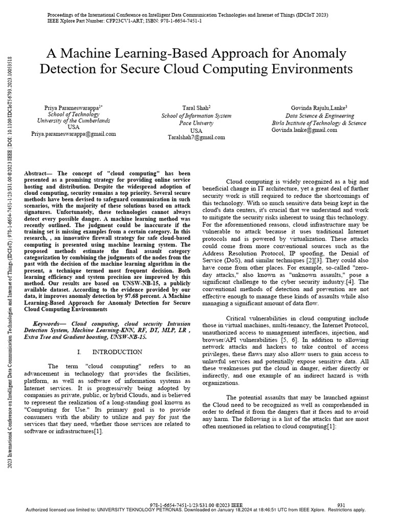 A Machine Learning-Based Approach For Anomaly Detection For Secure Cloud Computing Environments ...