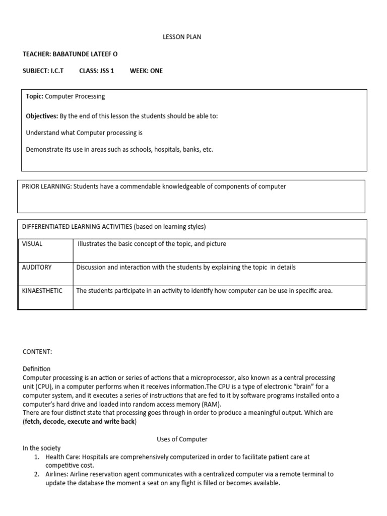 Week 1 Ict JSS 1 | PDF | Central Processing Unit | Lesson Plan