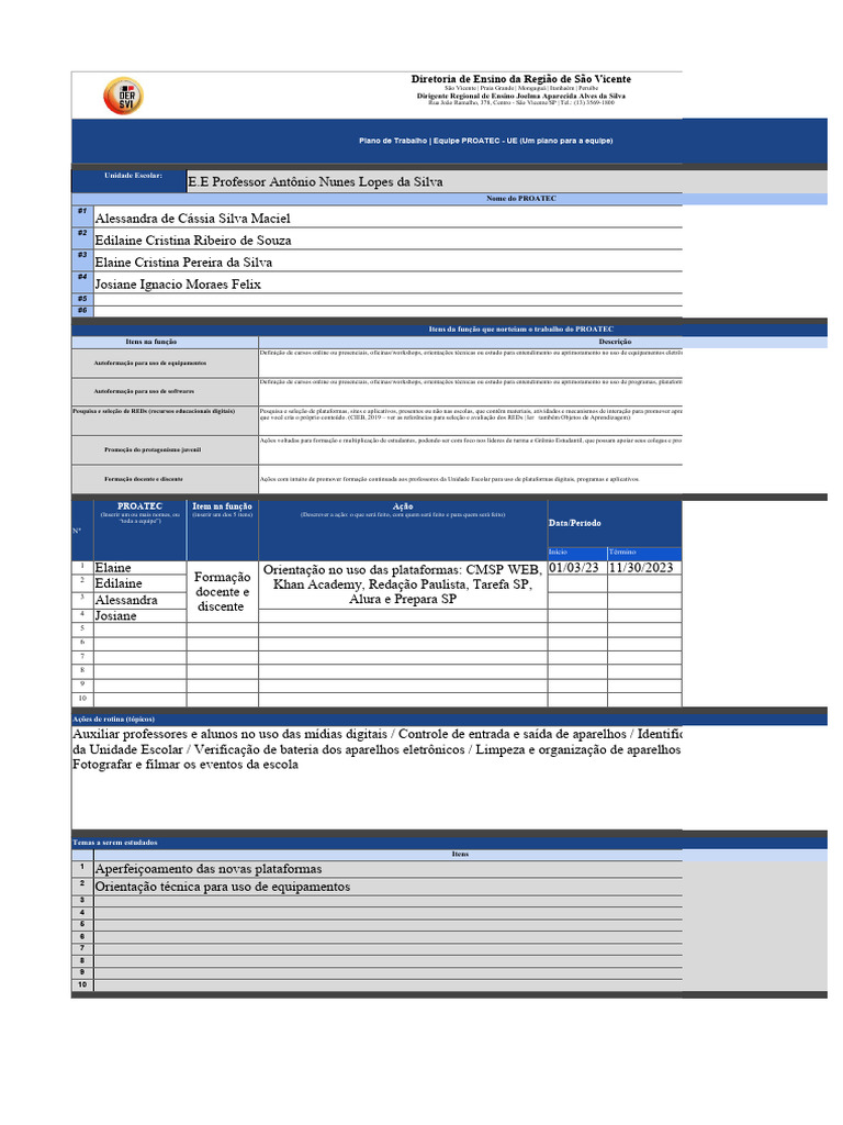 Plano de Trabalho Proatec | PDF | Pedagogia | Escolas Plano de Trabalho Proatec | PDF | Pedagogia | Escolas