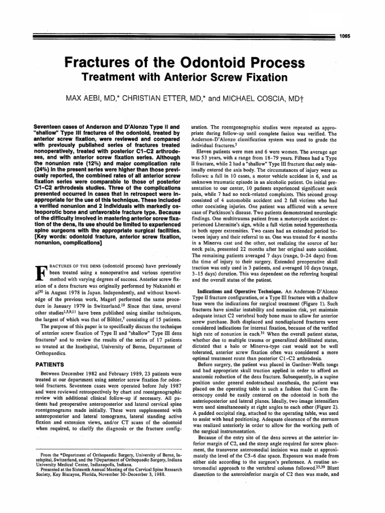Fractures of The Odontoid Process Treatment With Anterior Screw ...