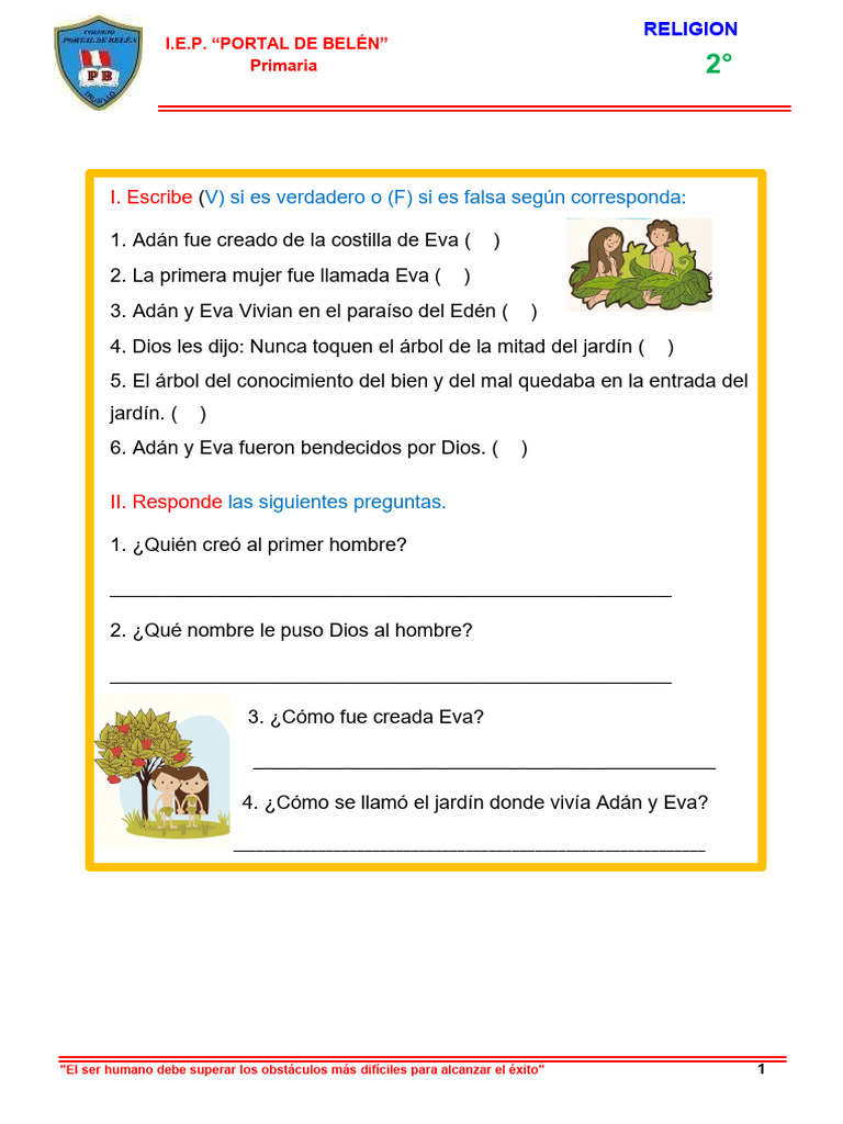 Sesión de Religión - Adán y Eva - 2º Grado | PDF