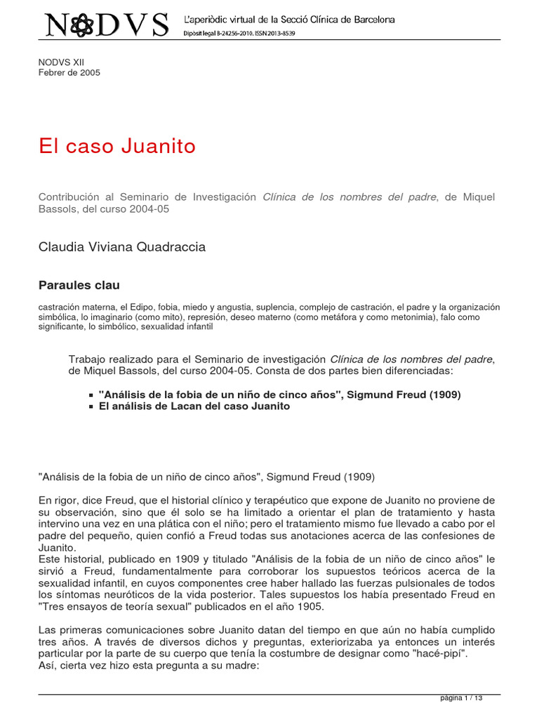 Caso Juanito Un Niño de 5 Años | PDF | Jacques Lacan | Complejo de Edipo
