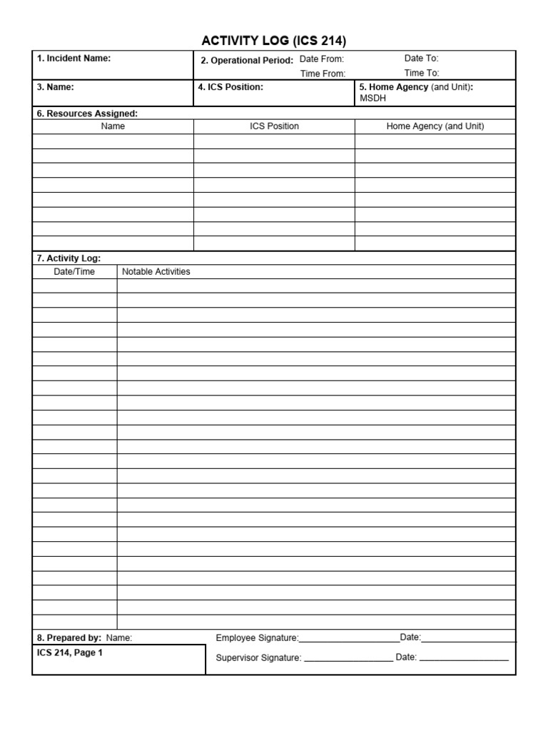 Activity Log (Ics 214) : Date To: Time From: Time To: MSDH Name ICS ...