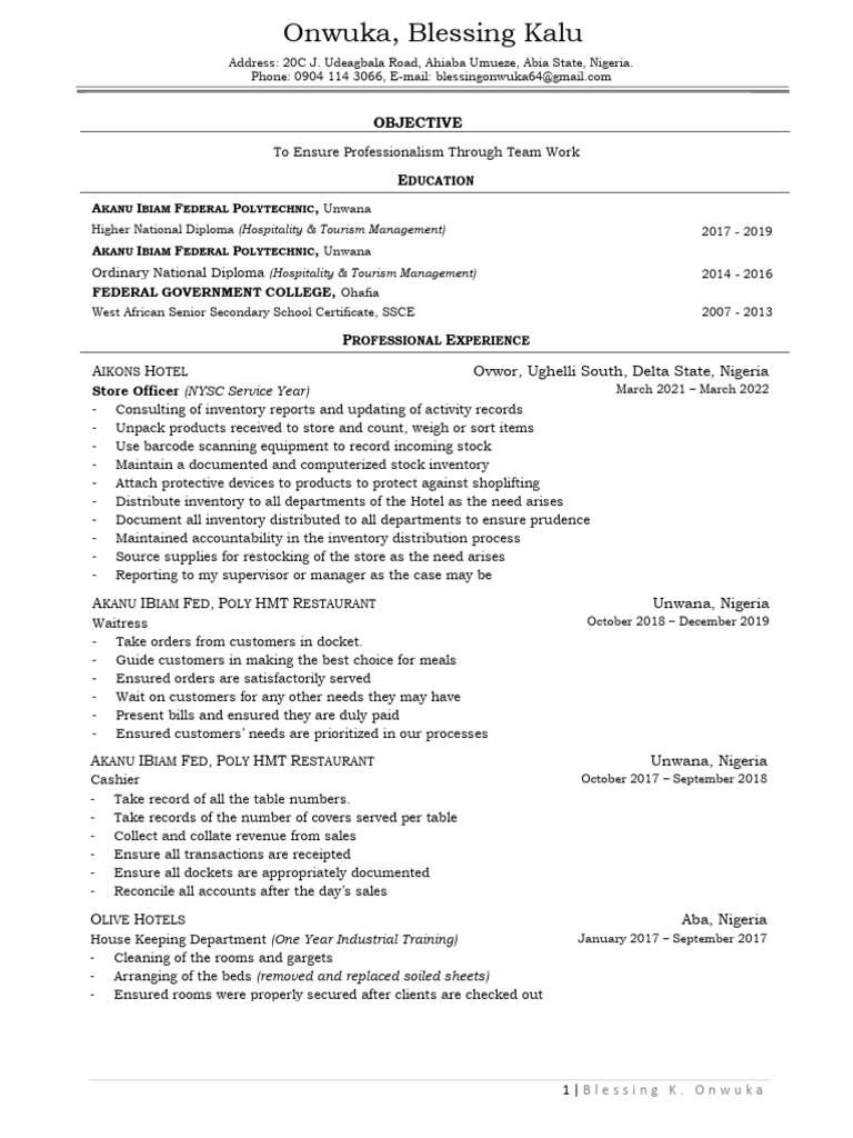 Blessing Onwuka's Hospitality Resume | PDF | Inventory | Business