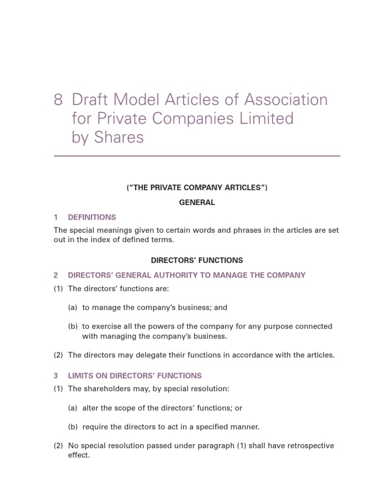 Draft Model Articles of Association For Private Companies Limited by ...
