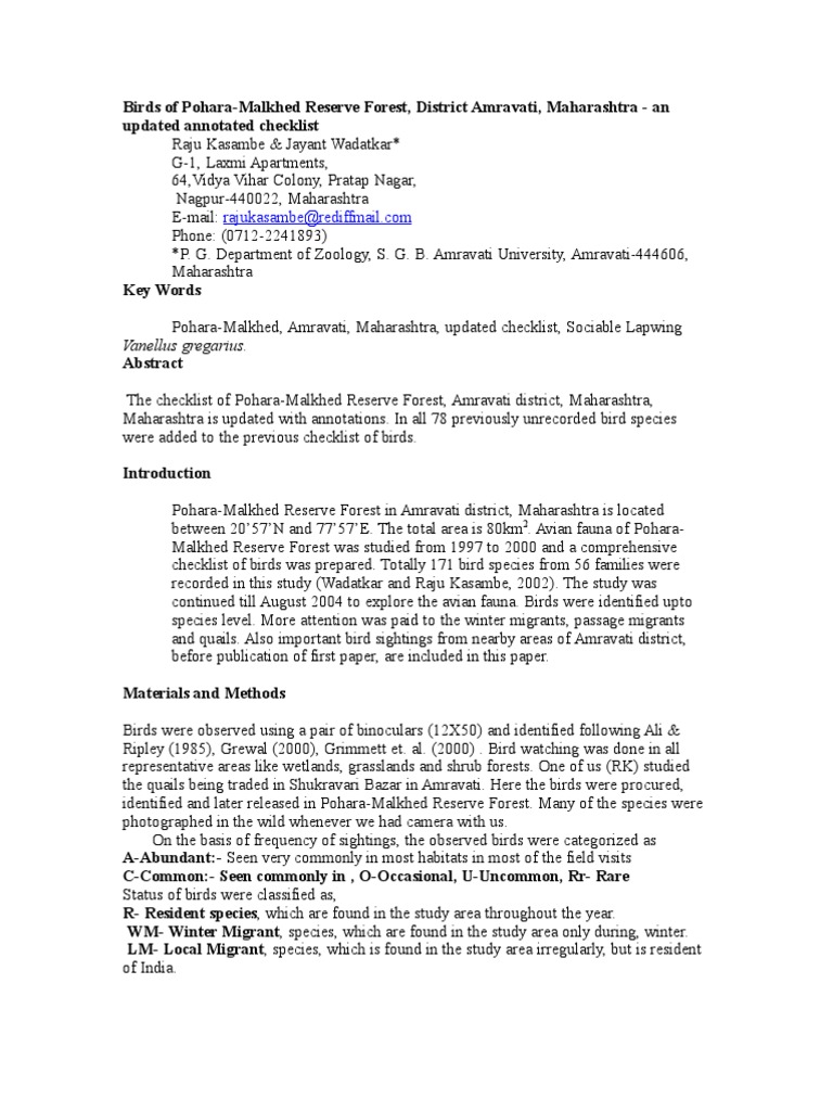 Pohara Malkhed Reserve Forest | PDF | Birds Of Eurasia | Birds