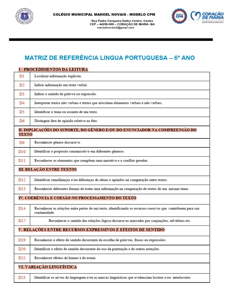 Matriz de Referência - Português - 6º Ano (Blog Do Prof. Adonis) | PDF ... Matriz de Referência - Português - 6º Ano (Blog Do Prof. Adonis) | PDF ...