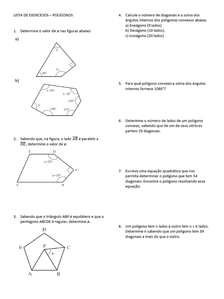 LISTA DE EXERCÍCIOS - POLIGONOS | PDF | Polígono | Geometria do Plano Euclidiano