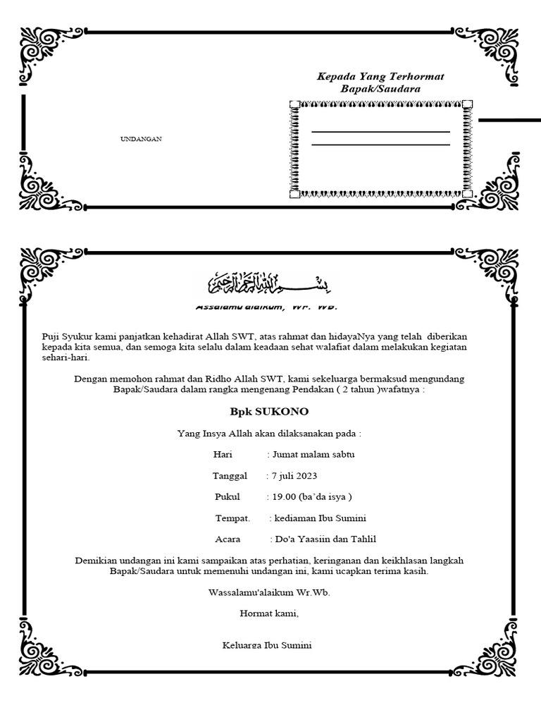 Undangan Tahlil 2 Tahun Wafatnya Bpk Sukono | PDF