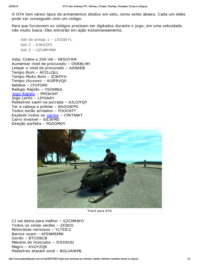 GTA San Andreas PC - Senhas, Cheats, Manhas, Macetes, Dicas e Códigos | PDF