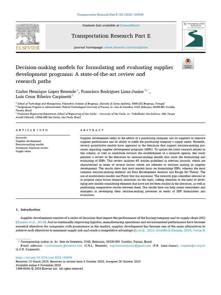 Decision-making Models for Formulating and Evaluating Supplier | PDF | Decision Making | Evaluation