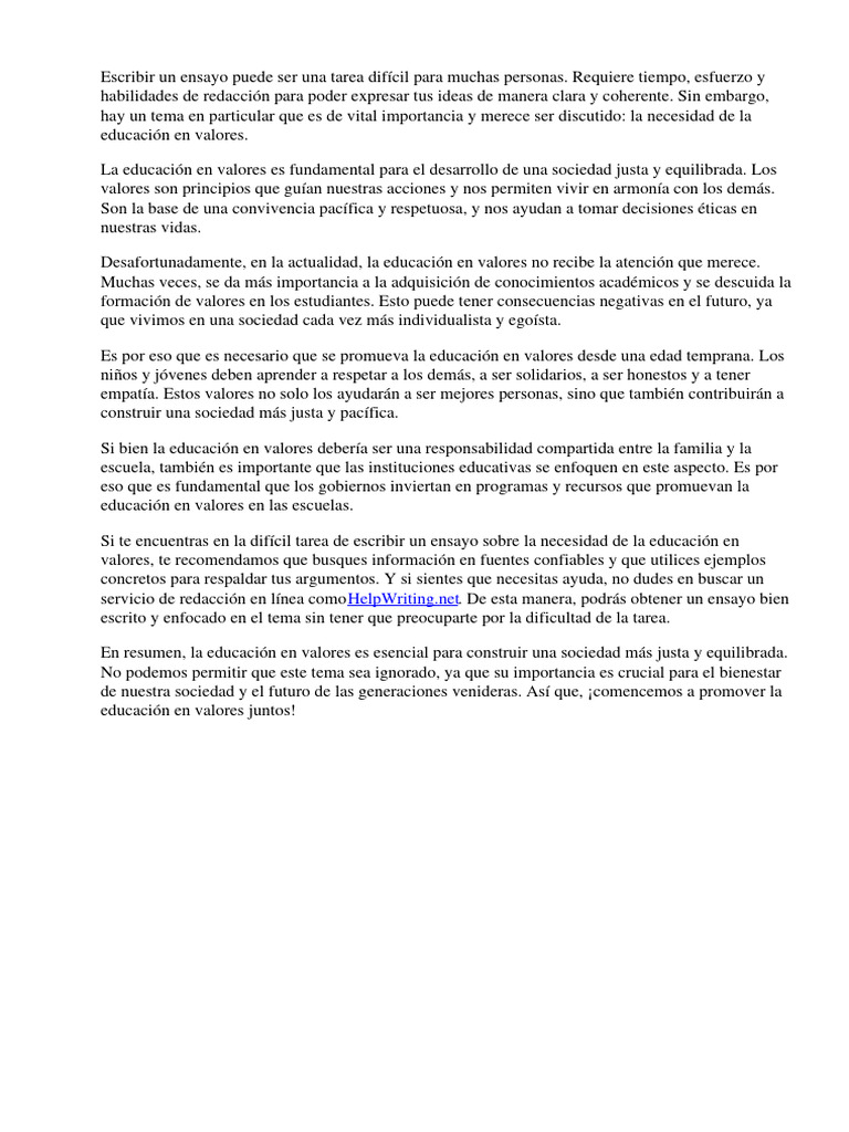 Ensayo Sobre La Necesidad de La Educación en Valores | PDF
