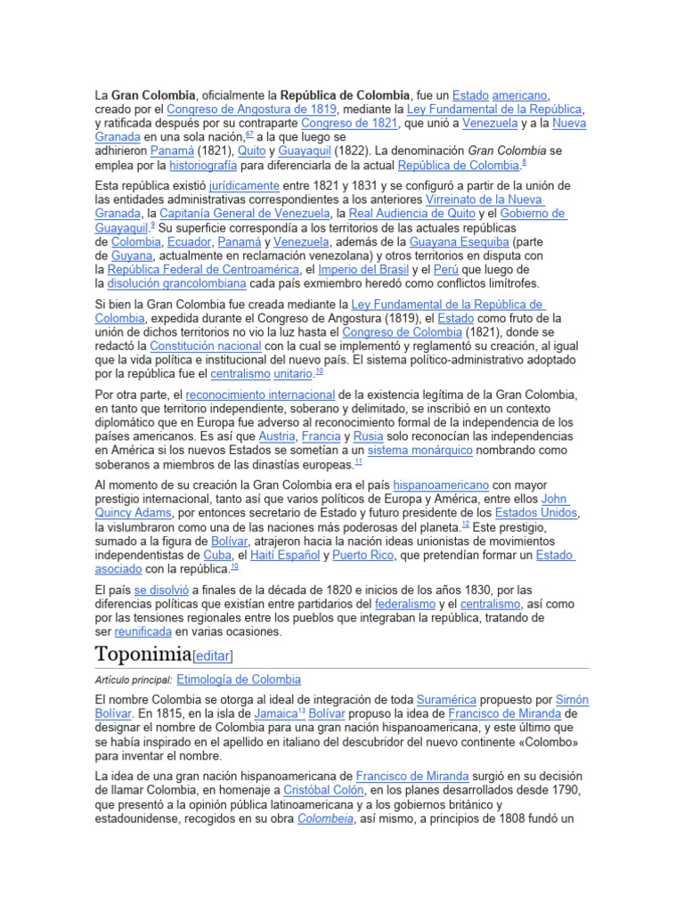 Historia de la Gran Colombia: Unificación y Disolución | PDF ...
