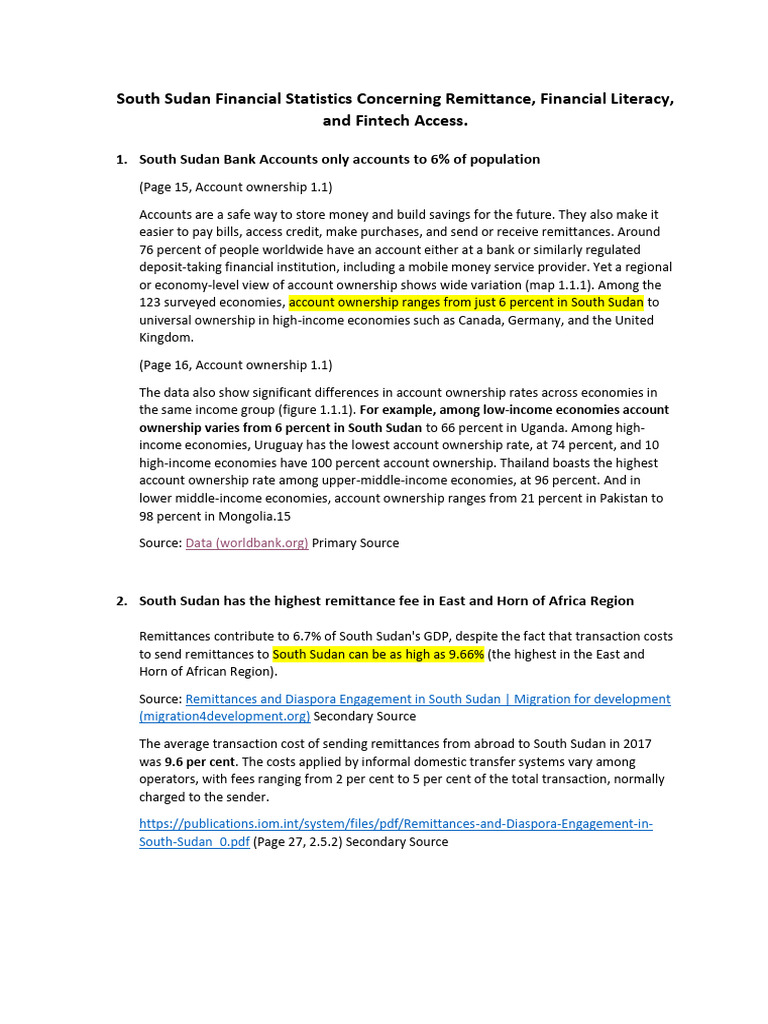 South Sudan Financial Statistics | PDF | Remittance | Literacy