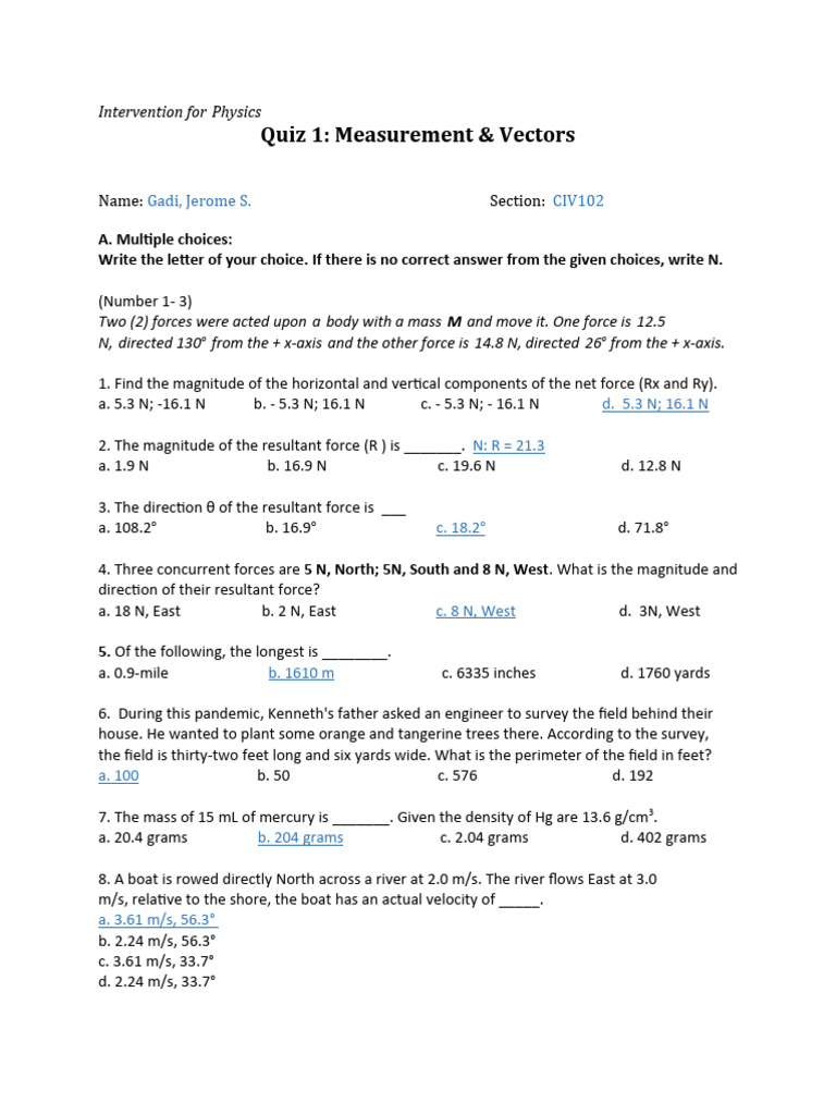 Quiz 1 - Physics - Gadi | PDF | Force | Euclidean Vector