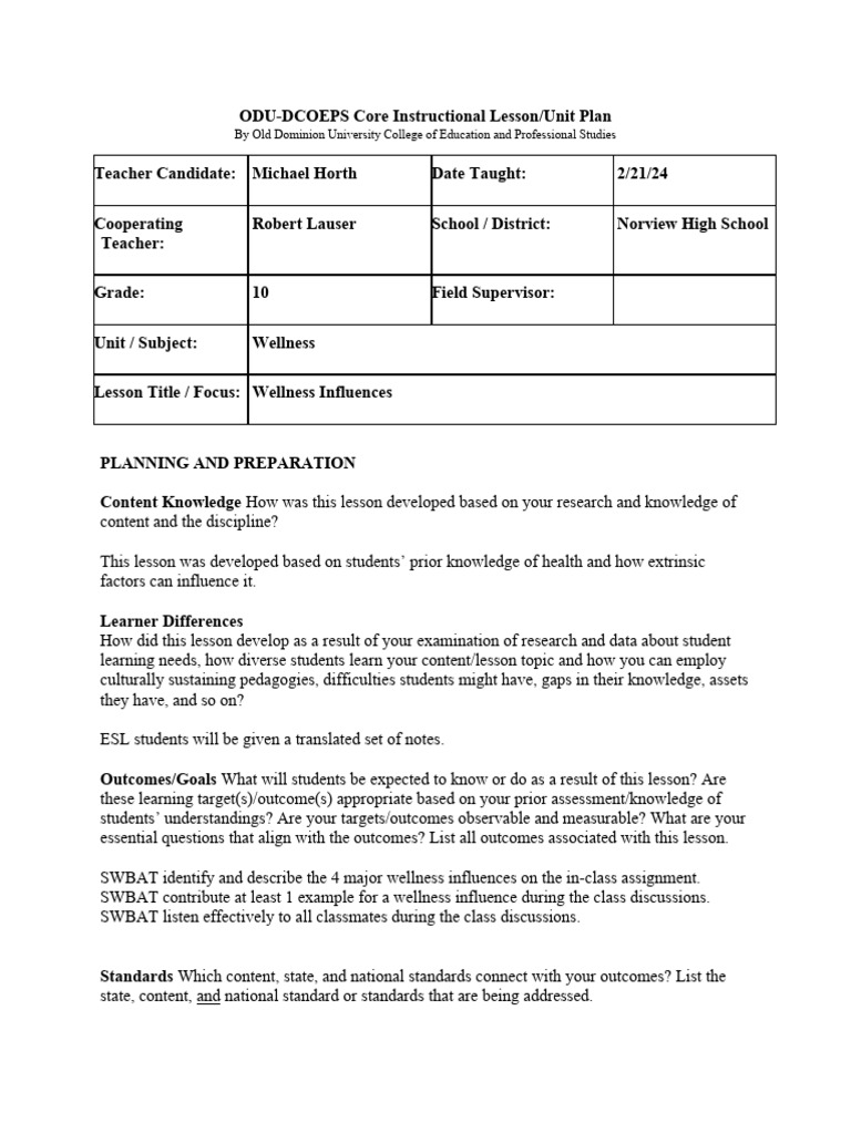 wellness lesson plan | PDF | Educational Assessment | Learning