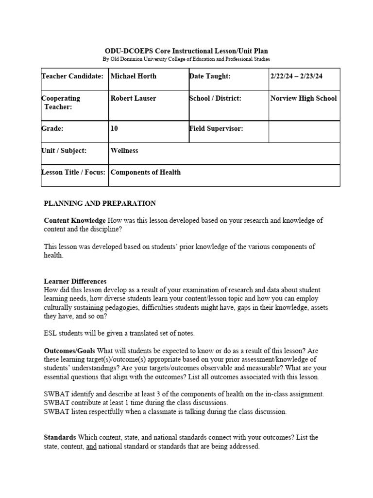 Components of Health Lesson Plan | PDF | Educational Assessment | Learning