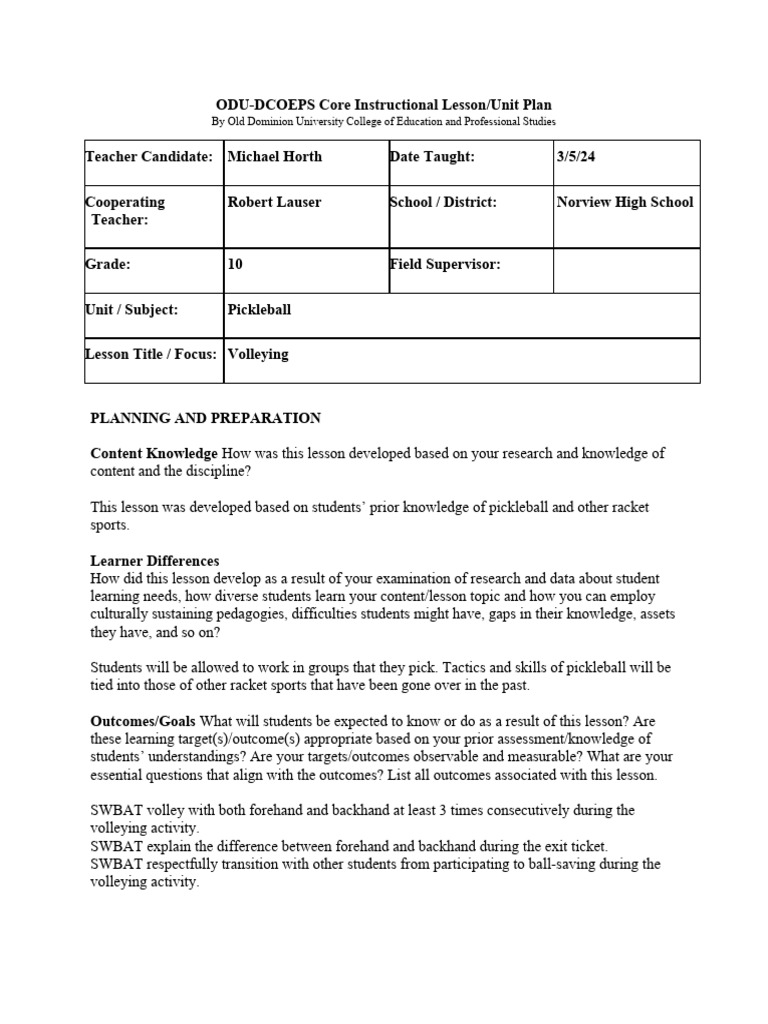 Pickleball Lesson Plan: Volleying Focus | PDF | Educational Assessment ...