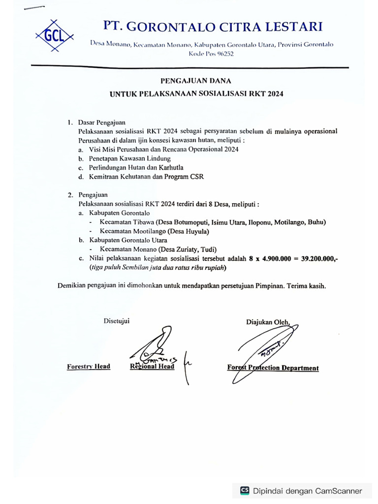 Pengajuan Dana Pelaksanaan Sosialisasi GCL | PDF