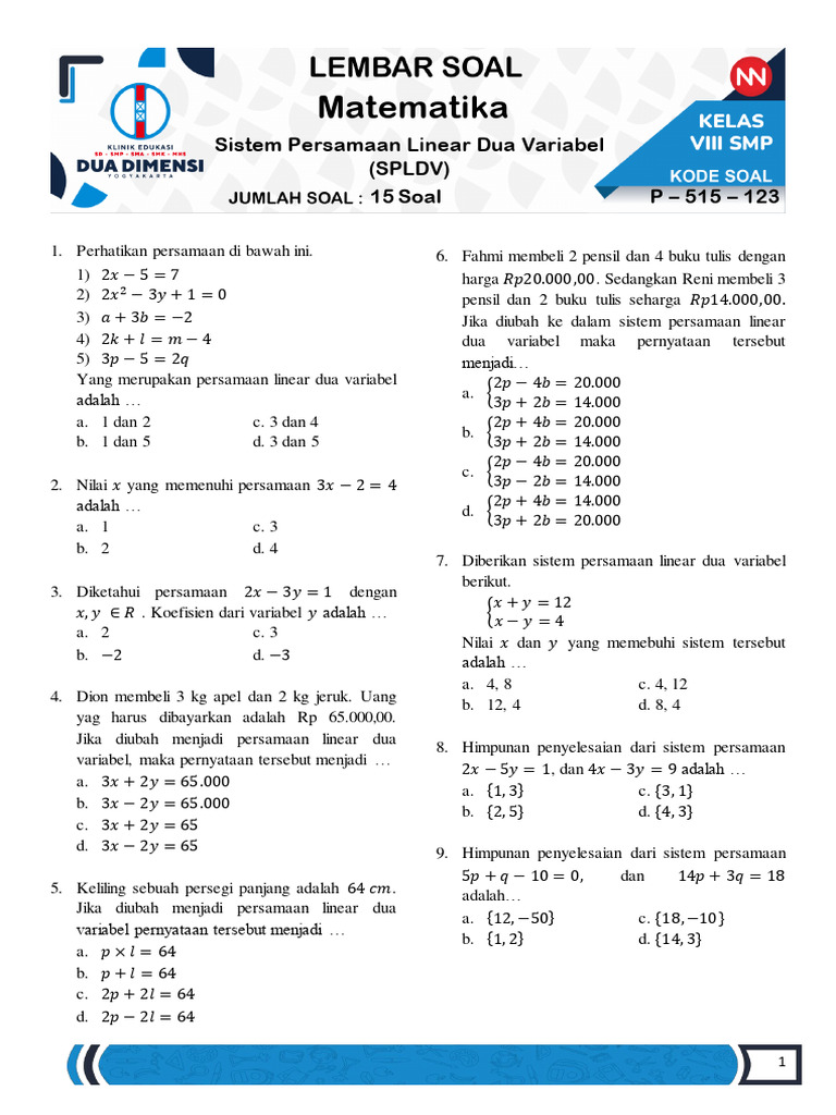 Soal SPLDV 2 SMP | PDF