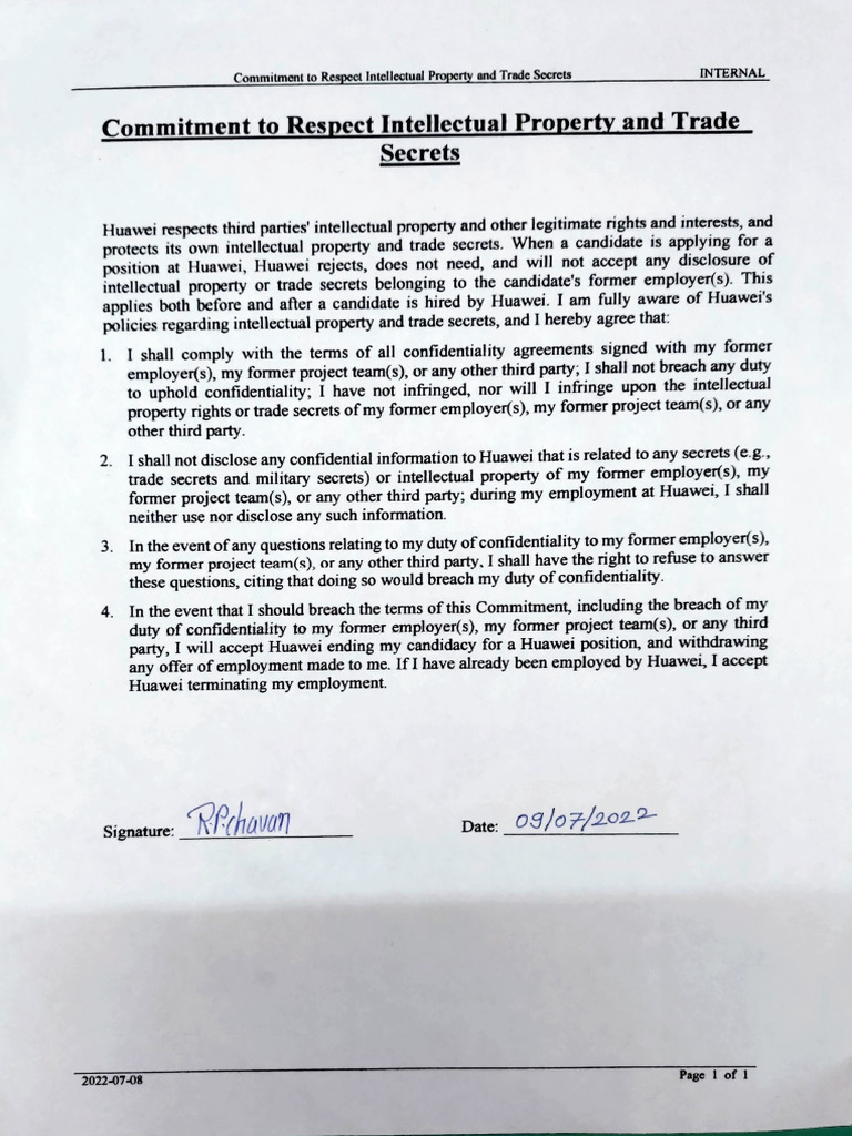 Commitment To Respect Intellectual Property and Trade Secrets. | PDF ...