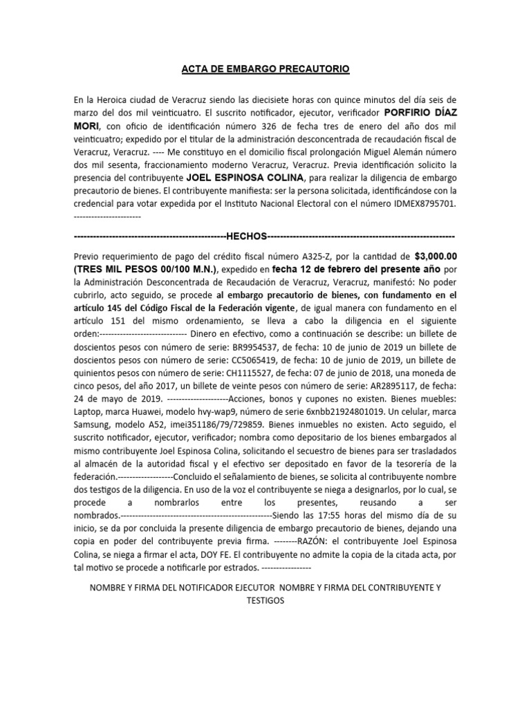ACTA DE EMBARGO PRECAUTORIO | PDF ACTA DE EMBARGO PRECAUTORIO | PDF