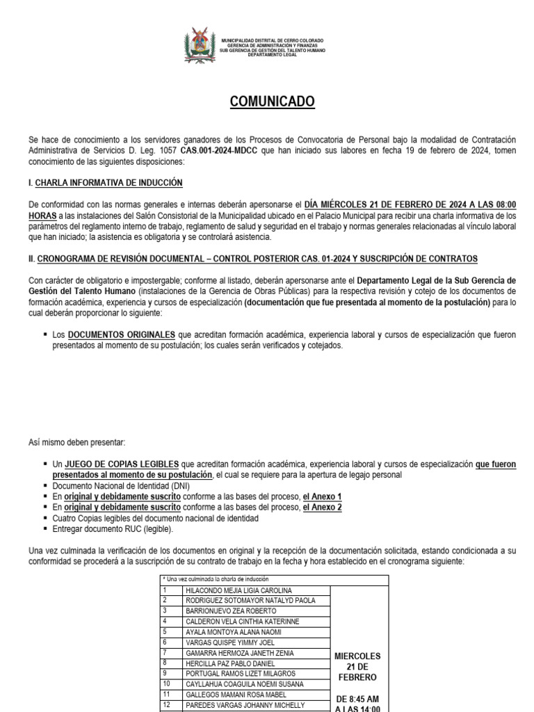 Comunicado Firma de Contratos Cas 01 2024 | PDF | Documento de identidad | Gobierno