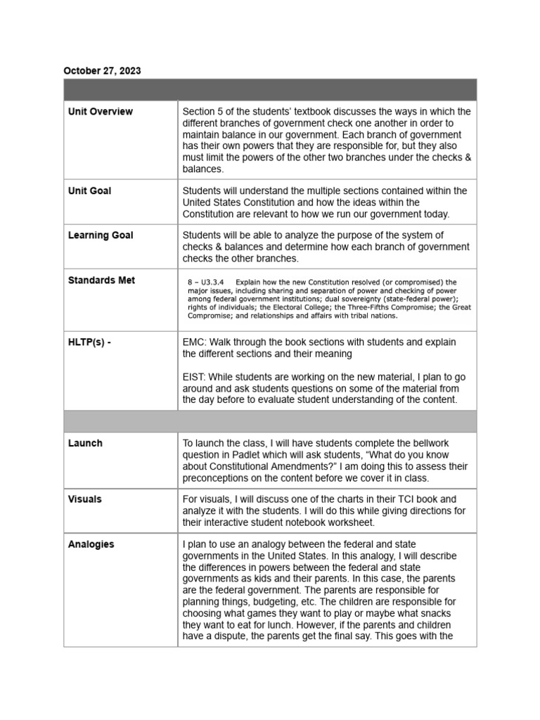 friday 10 27 lesson plans | PDF | Separation Of Powers | Supremacy Clause
