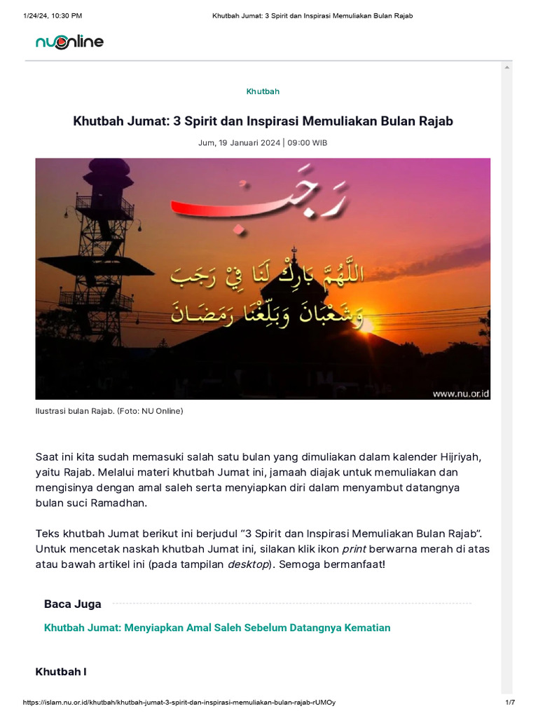 Khutbah Jumat - 3 Spirit Dan Inspirasi Memuliakan Bulan Rajab | PDF | Agama & Spiritualitas