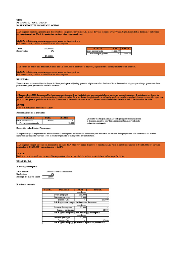 p2- Actividad 2 - Nic 37- Niif 19 - Karen Solorzano Santos | PDF | Interés | Estado financiero