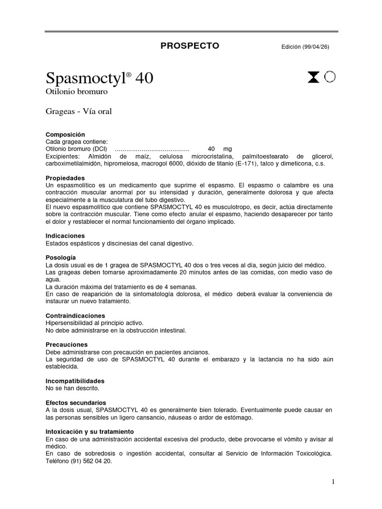 Spasmoctyl 40: Otilonio Bromuro Grageas - Vía Oral | PDF | Medicamentos ...