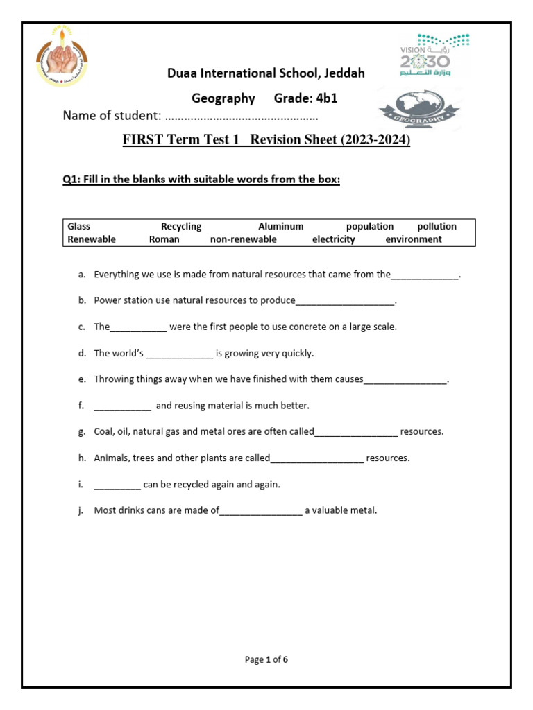 Geography Test 1 Grade 4 Revision Sheet 2023-24 | PDF | Recycling | Plastic