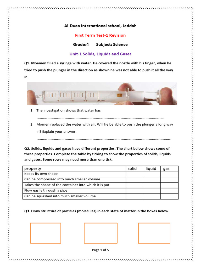 Grade 4 Science Test-1 Revision | PDF | Gases | Liquids