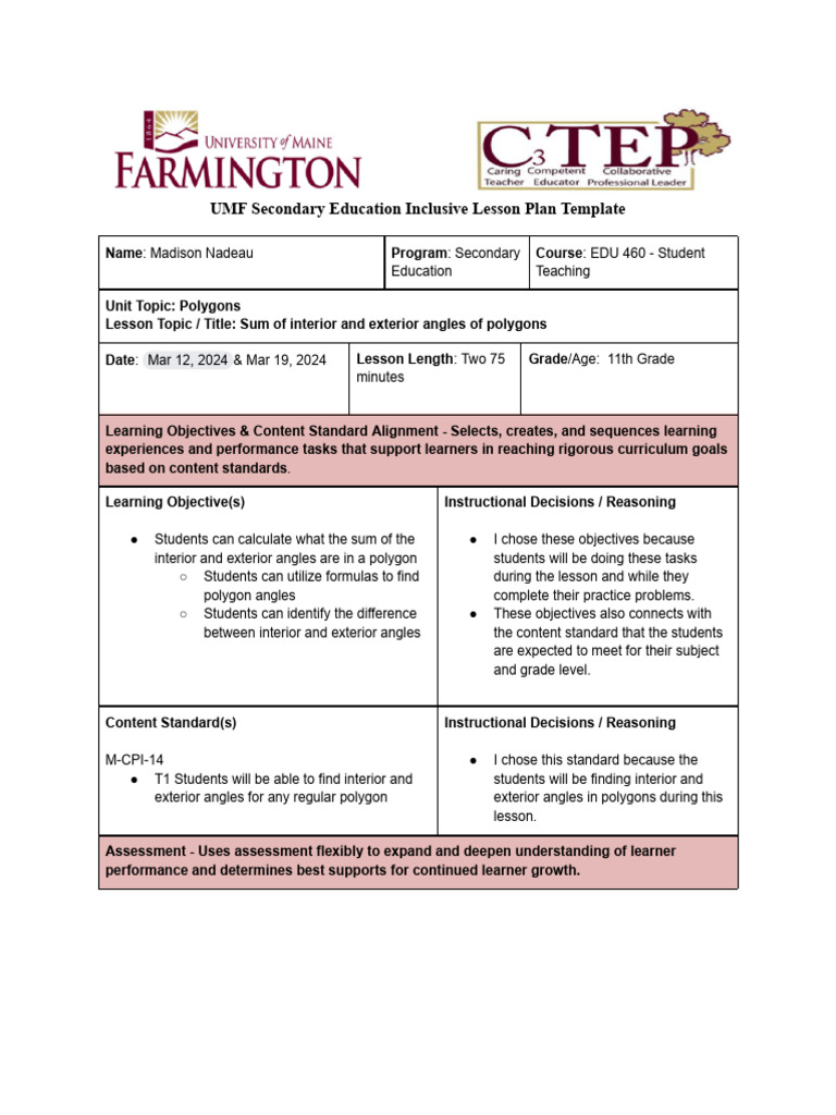 UMF Secondary Education Inclusive Lesson Plan Template | PDF ...