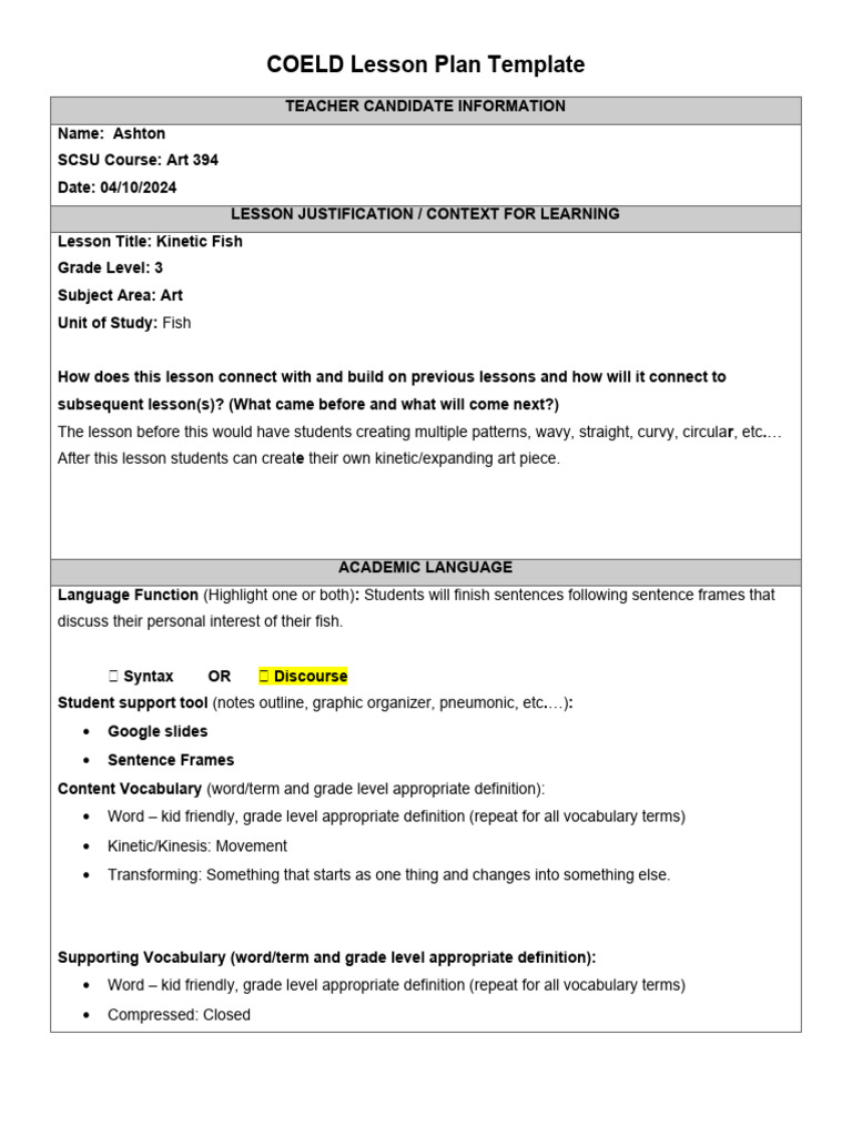 art lesson plan edtpa | PDF | Vocabulary | Hand