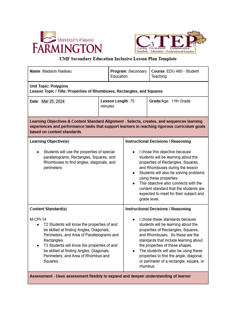 UMF Secondary Education Inclusive Lesson Plan Template | Download Free ...