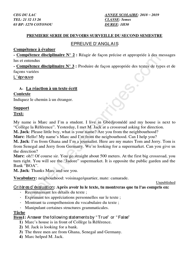 1er Devoir Du 2ème Semestre Anglais 5ème 2018-2019 Ceg Du Lac | PDF