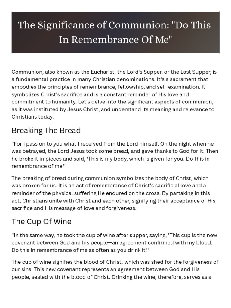 The Significance of Communion: "Do This in Remembrance of Me" | PDF ...