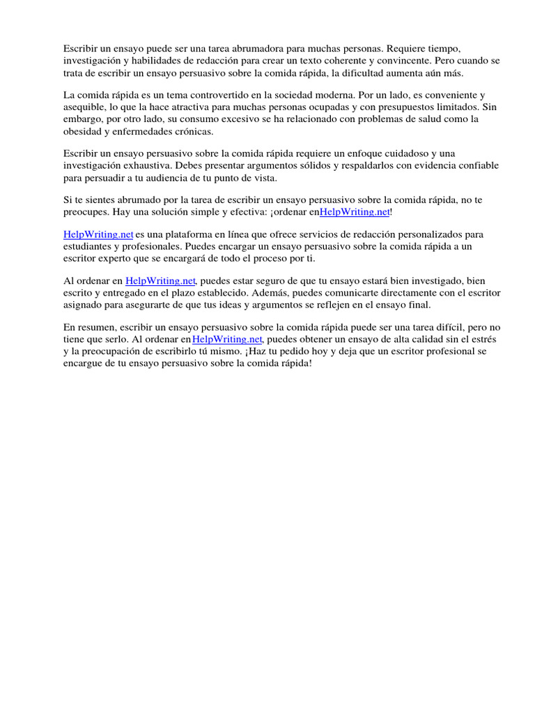 Ensayo Persuasivo Sobre La Comida Rápida | PDF | Ensayos | Escritores