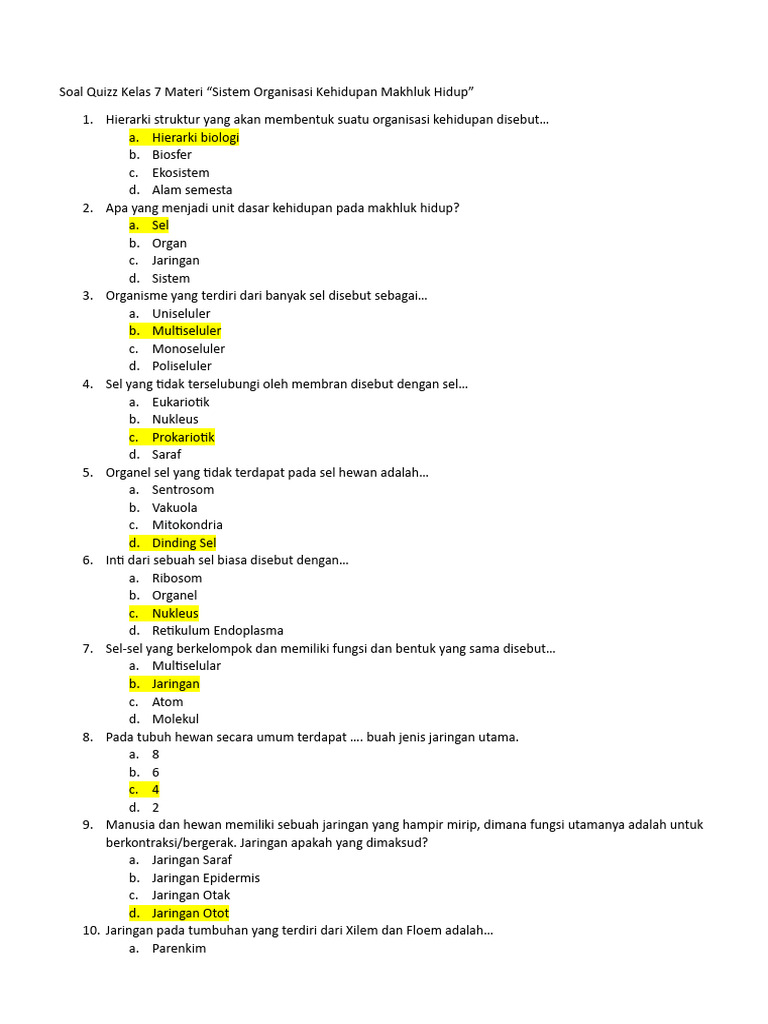 Soal Quizz Kelas 7 Materi Kehidupan Organisme | PDF