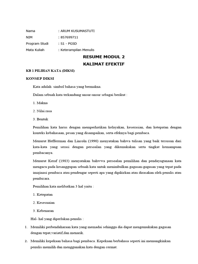 Arum Kusumastuti - Resume Ketrampilan Menulis Modul 2 | PDF | Seni ...