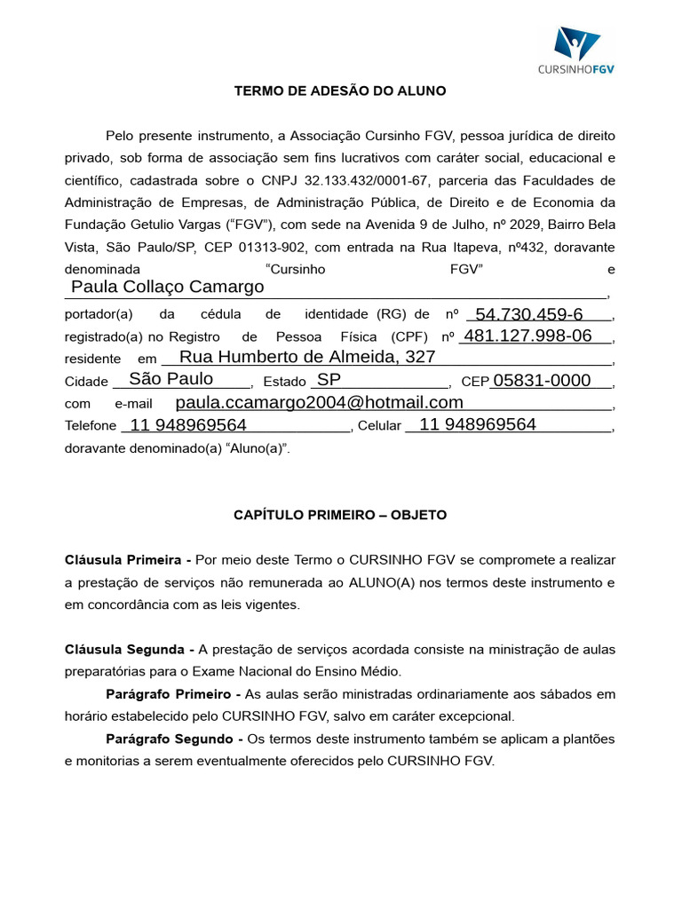 Termo de Adesão de Alunos - 2024 | PDF