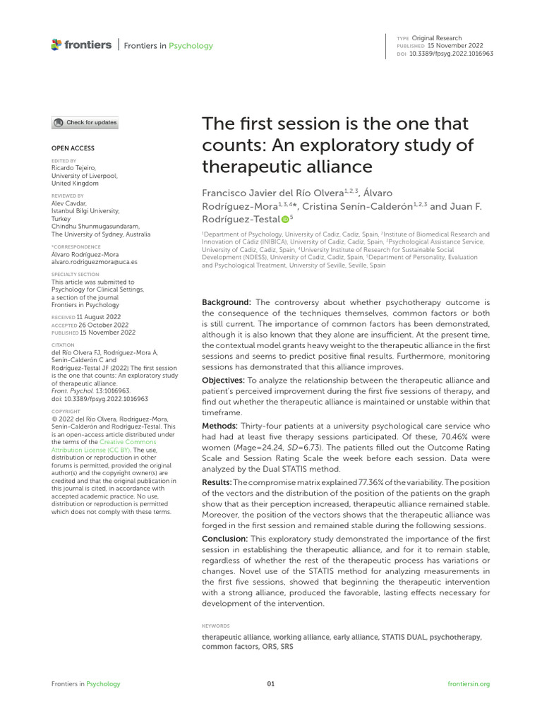 The First Session Is The One That Counts An Exploratory Study of Therapeutic Alliance | PDF ...
